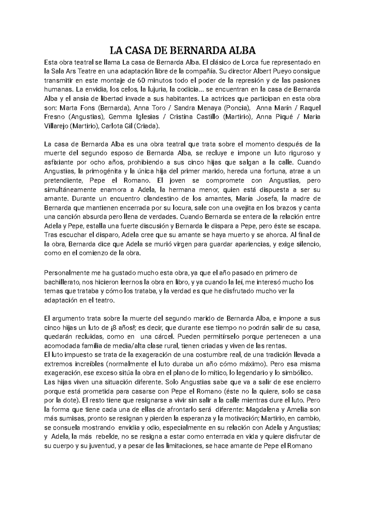 LA CASA DE Bernarda ALBA - LA CASA DE BERNARDA ALBA Esta obra teatral ...