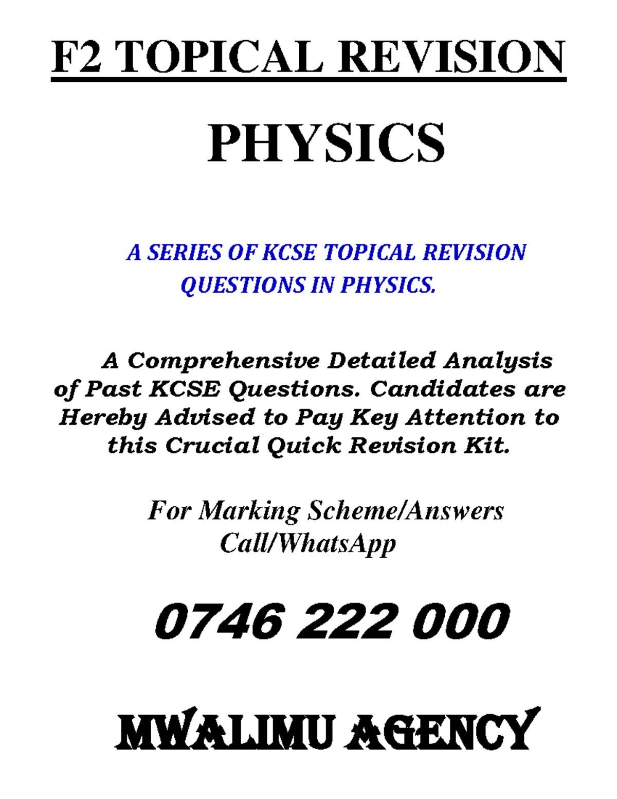 KCSE F2 Physics Topicals - F2 TOPICAL REVISION PHYSICS A SERIES OF KCSE TOPICAL REVISION ...