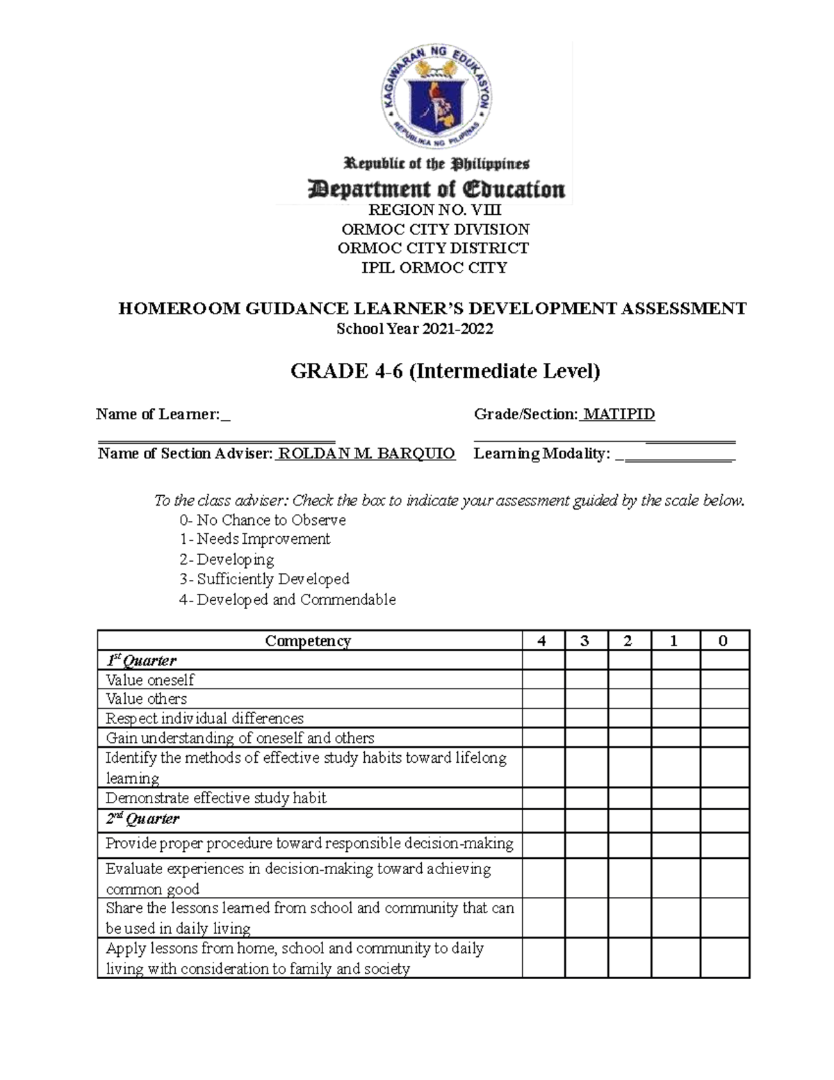 Homeroom Guidance Learners Development Assessment Grade 4 6 ...