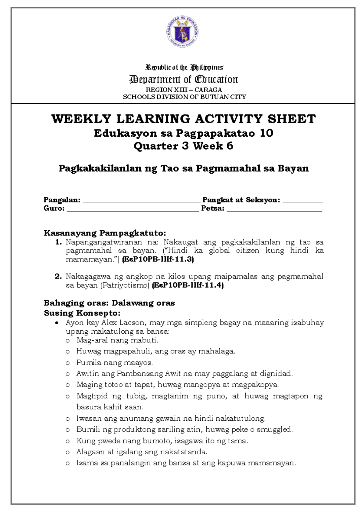 ESP10 Q3 WEEK 6 - Ppt - Republic of the Philippines Department of ...