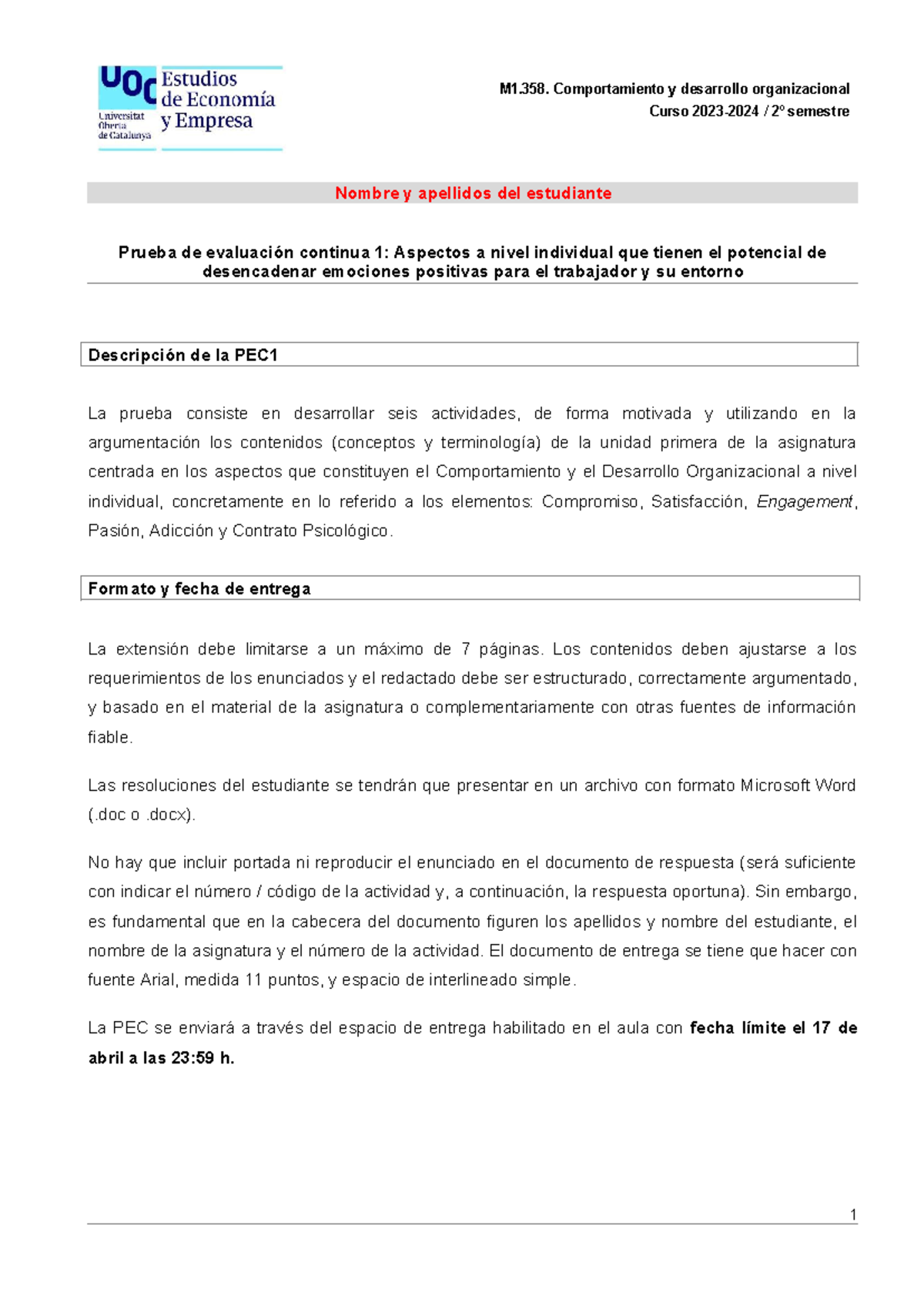 PEC1 Cy DO-Enunciado-2023-2024-semestre 2 - M1. Comportamiento y desarrollo organizacional Curso ...