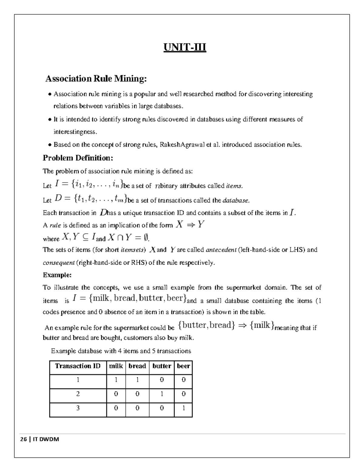 Association Rule Mining - UNIT-III Association Rule Mining: Association rule mining is a popular ...