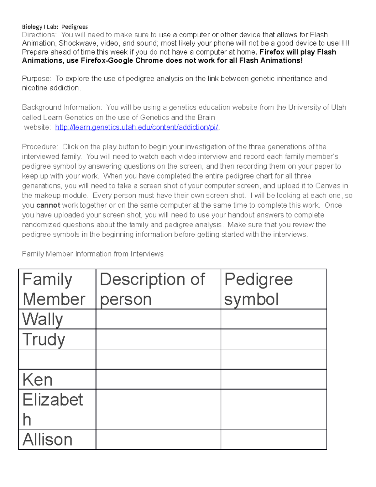 Biology I Lab pedigree work 2019-1-1 - Biology I Lab: Pedigrees ...