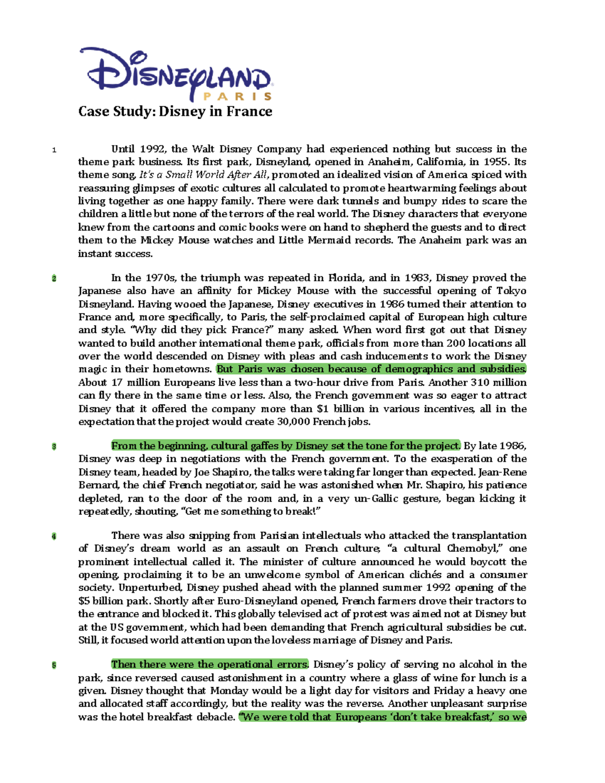 IBC 4 Euro Disney Case Study - DISNEYLAND PARIS Case Study: Disney in ...