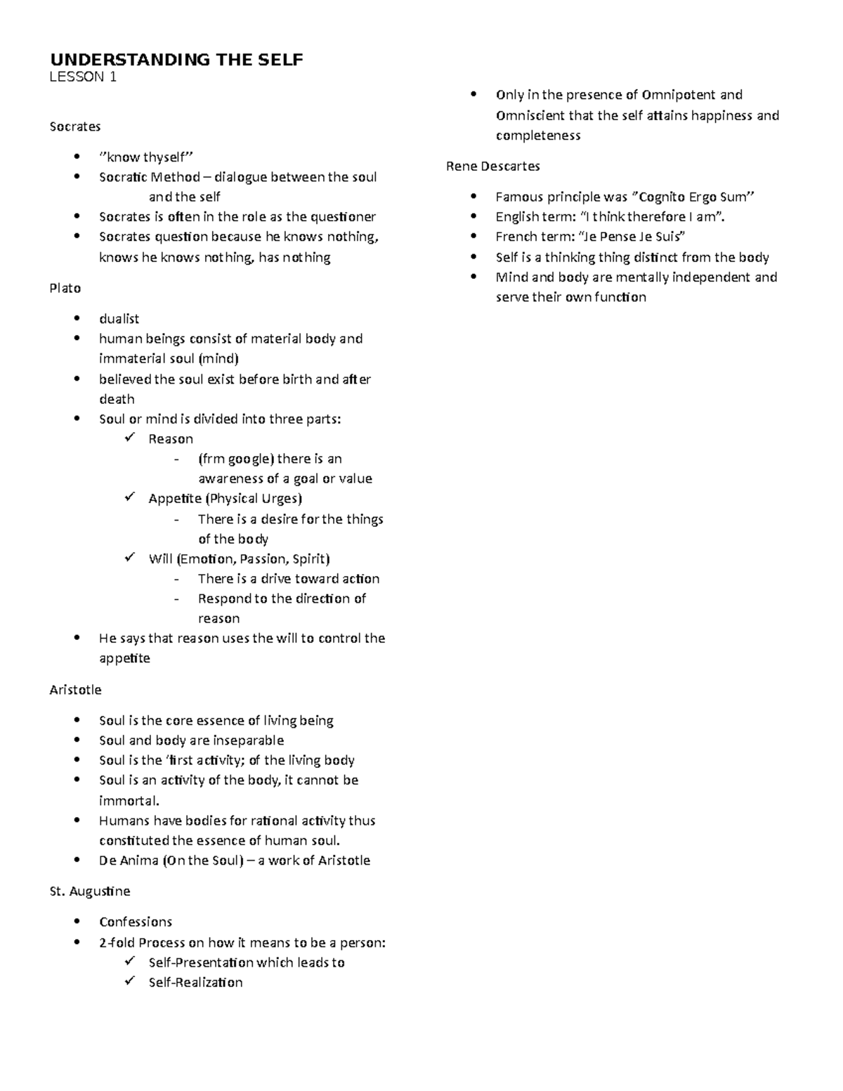 Lesson 1 - Summary - UNDERSTANDING THE SELF LESSON 1 Socrates ‘’know ...