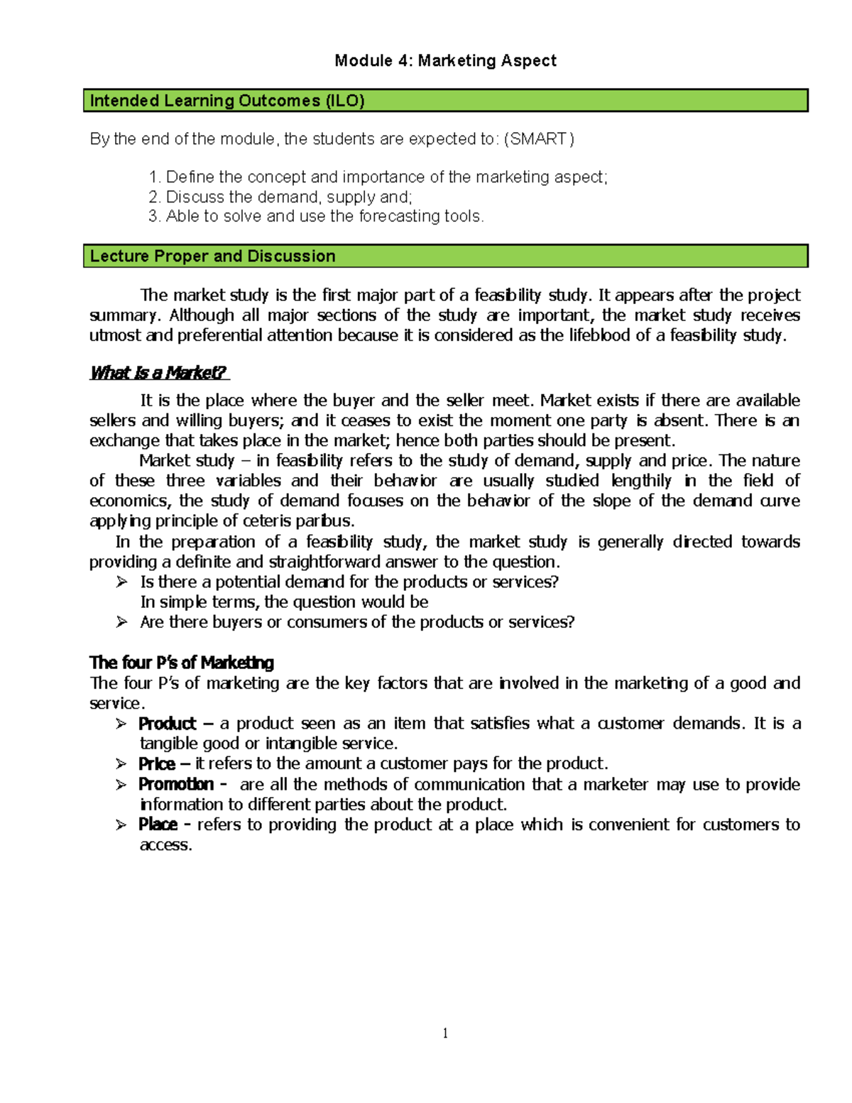 Module-4 - practice - Module 4: Marketing Aspect Intended Learning Outcomes (ILO) By the end of ...