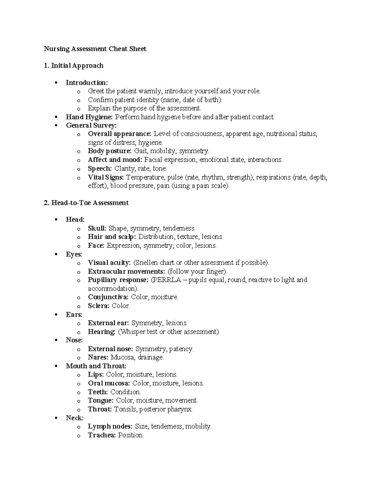 Nursing Assessment Cheat Sheet - Initial Approach Introduction: o Greet ...