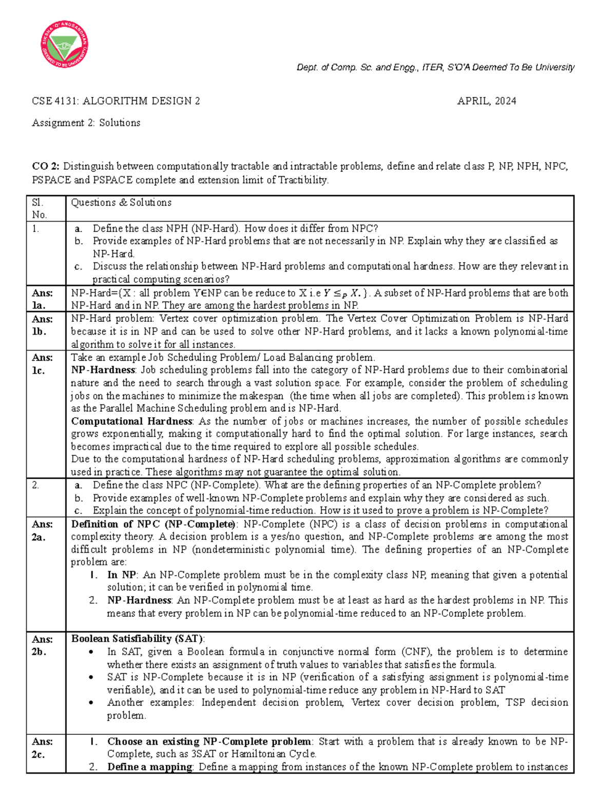 Sol CSE4131 Assignment 2-1 - CSE 4131: ALGORITHM DESIGN 2 APRIL, 2024 Assignment 2: Solutions CO ...