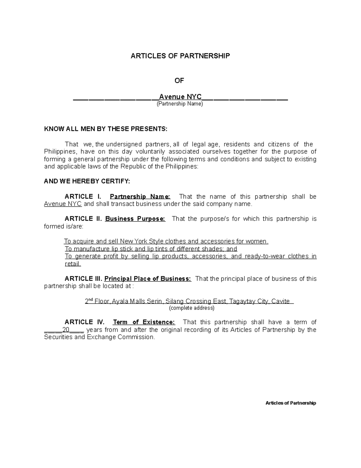 Articles of Partnership for general partnerships - BS accountancy - Studocu