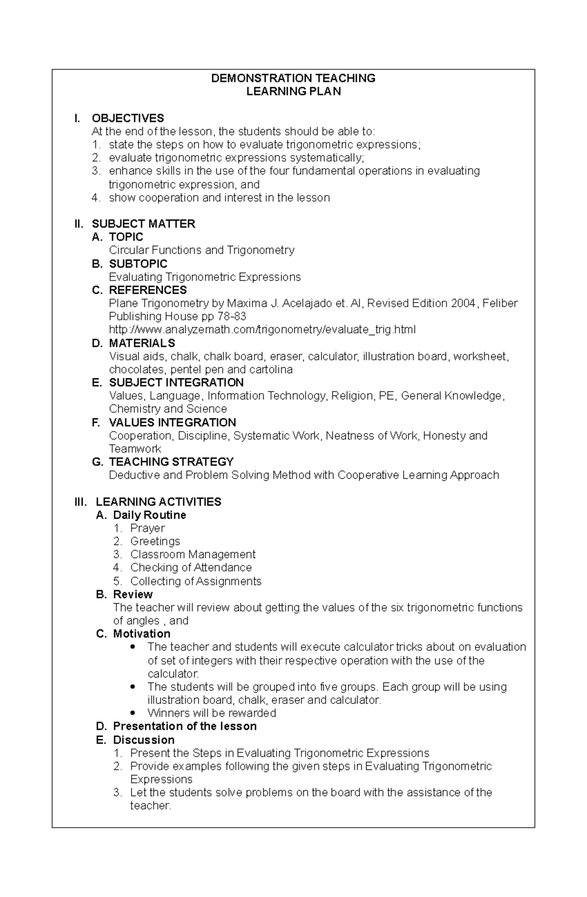 Demonstration Teaching DEMONSTRATION TEACHING LEARNING PLAN I