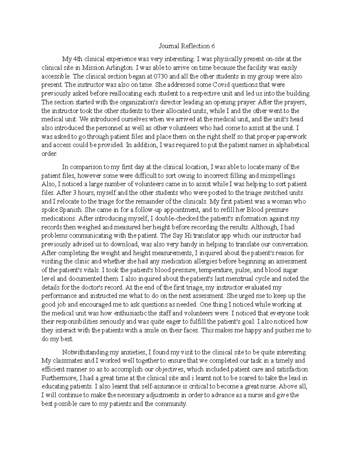 WK 6 Journal Reflection Paper - Journal Reflection 6 My 4th clinical ...