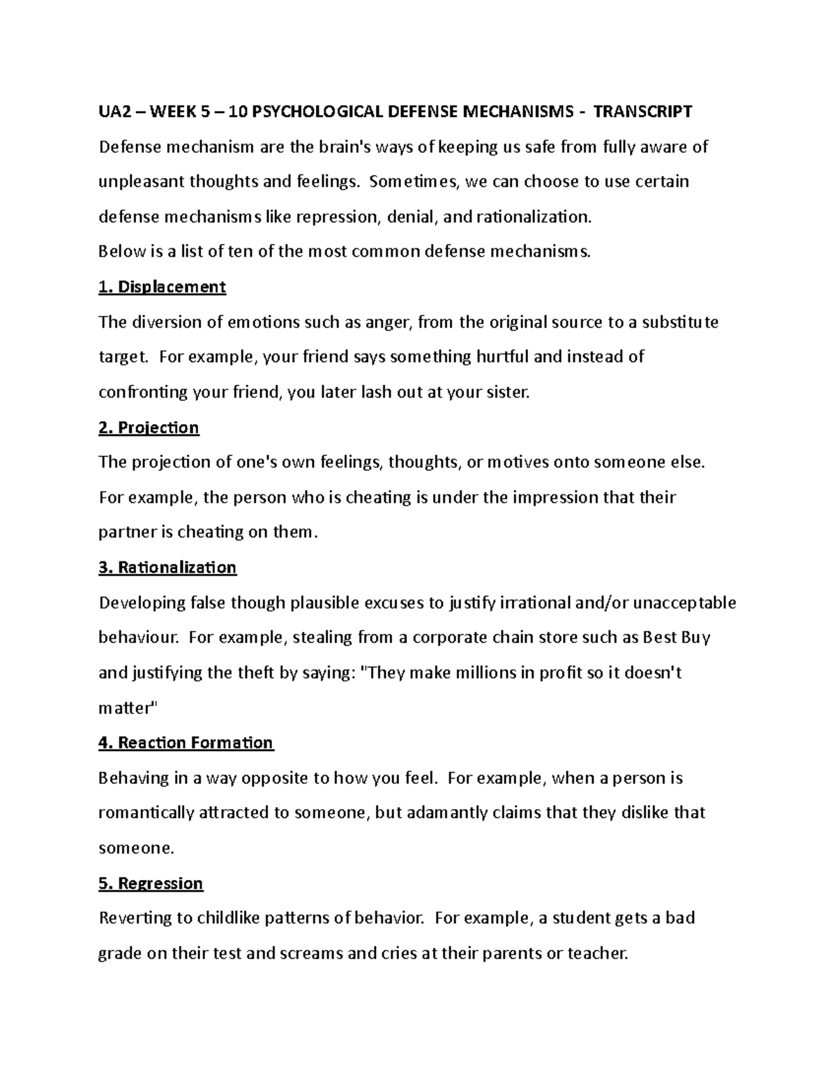UA2 - WEEK 5 - 10 Psychological Defense Mechanisms Transcript - UA2 ...