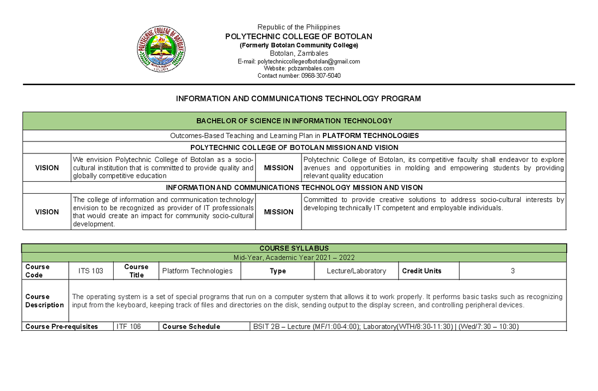 ANT 1 - Platform Technologies-Syllabus - Republic of the Philippines POLYTECHNIC COLLEGE OF ...
