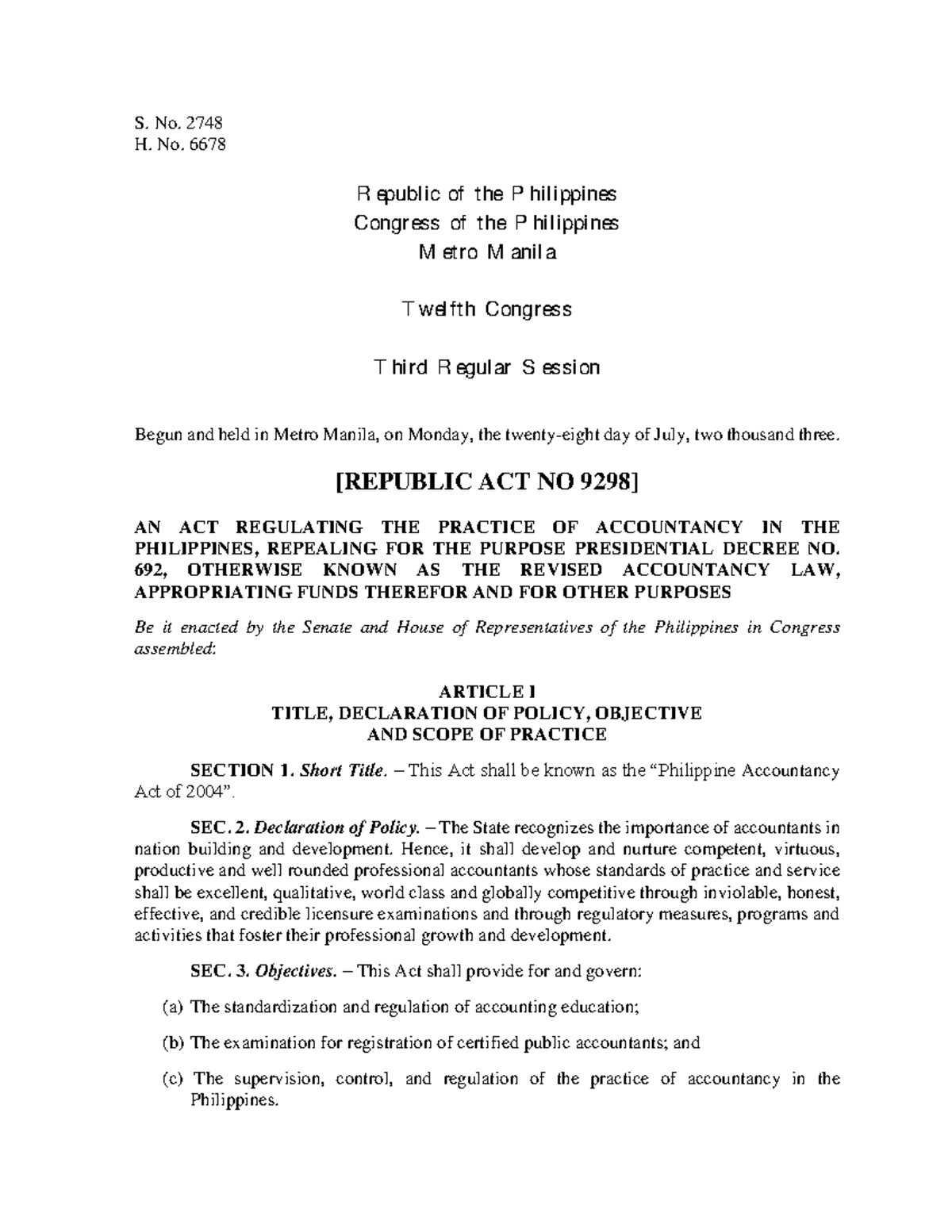 [M1- Guide] RA 9298 Philippine Accountancy Act of 2004 - S. No. 2748 H ...