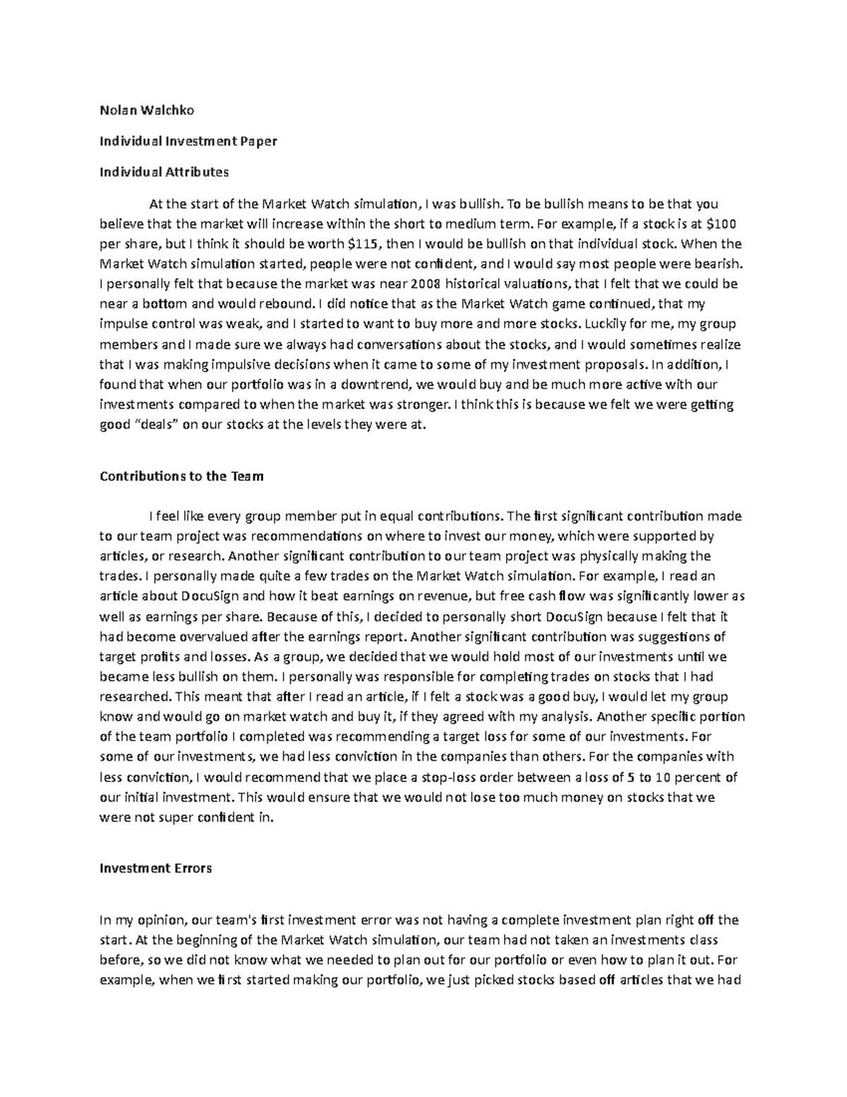 Investment Paper - Nolan Walchko Individual Investment Paper Individual ...