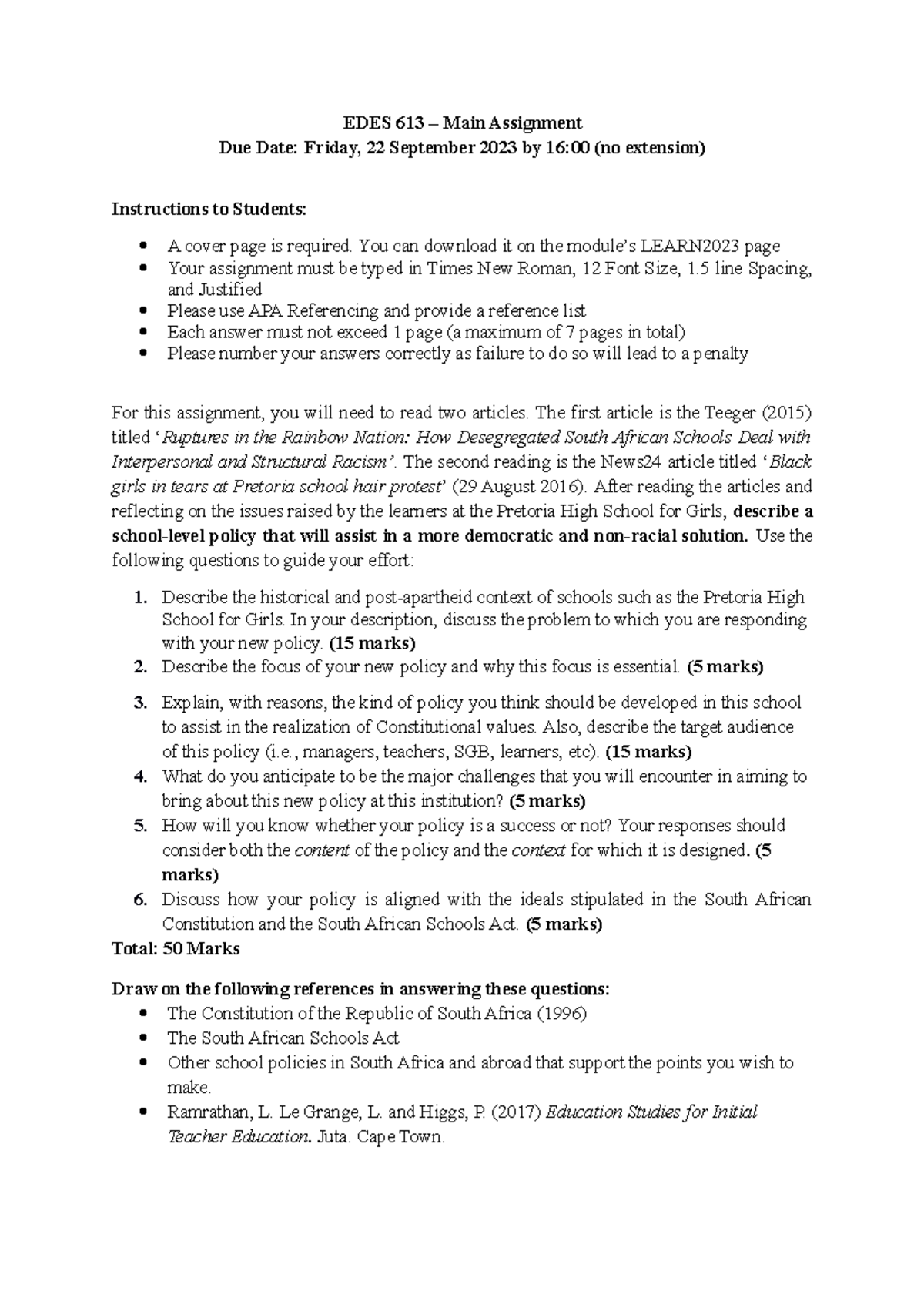 Final EDES613 Main Assignment - EDES 613 – Main Assignment Due Date ...
