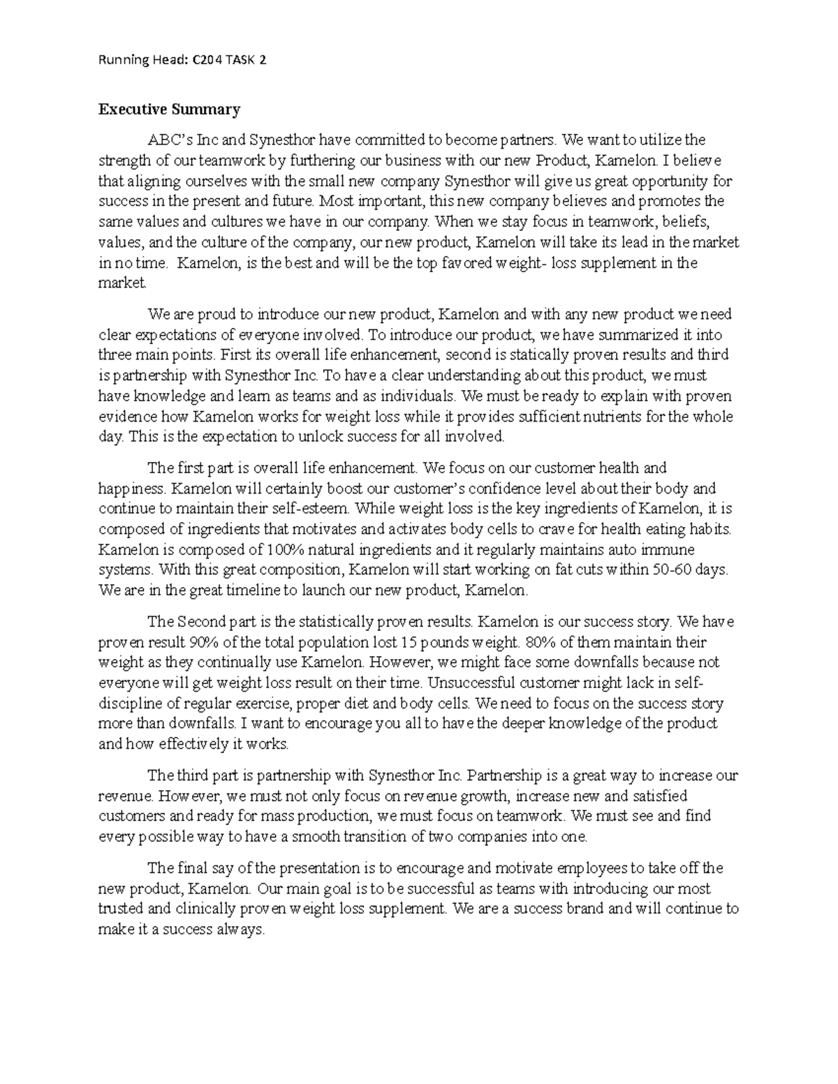 Executive Summary TASK 2 - Running Head: C204 TASK 2 Executive Summary ...