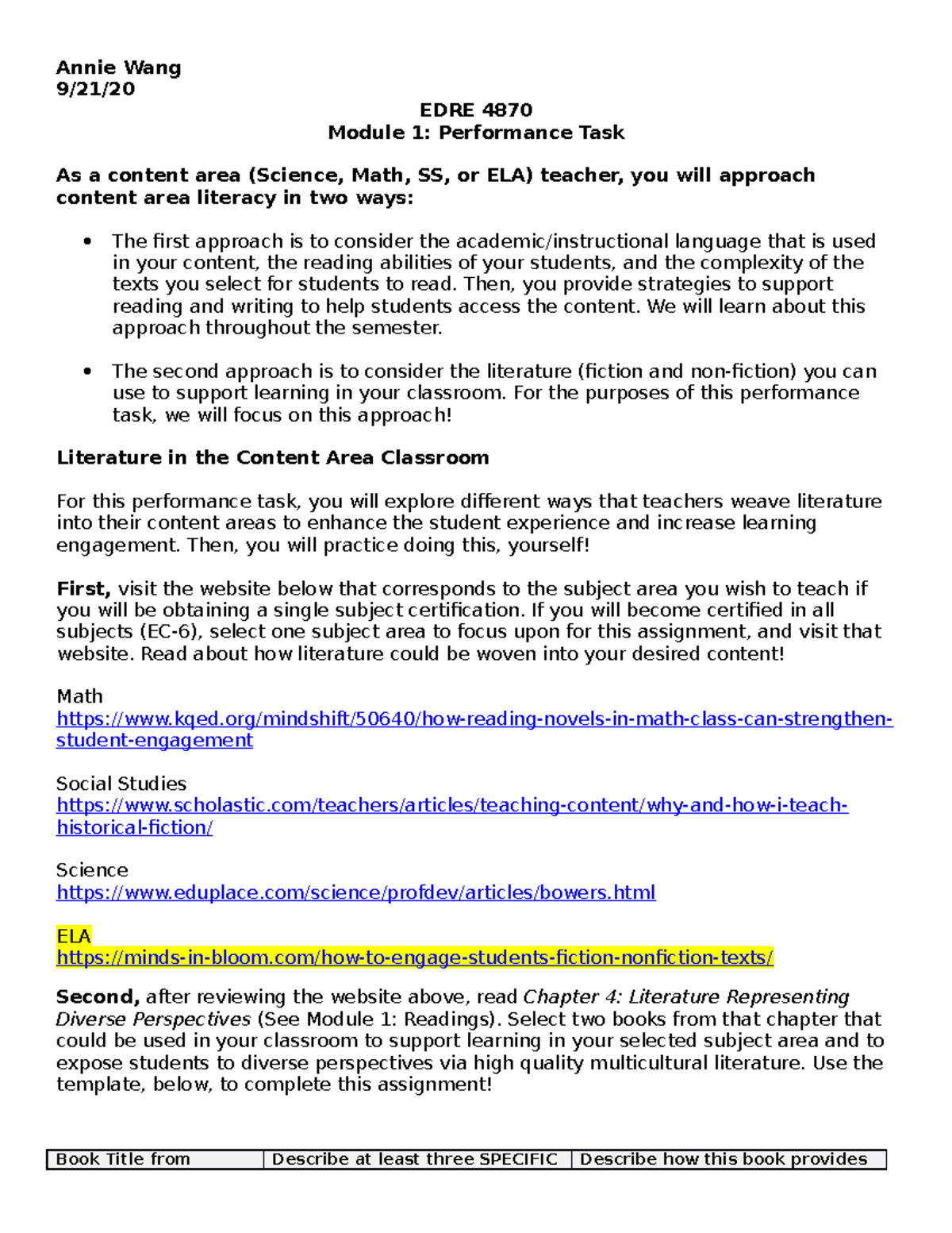 Module 1 Performance Task - Annie Wang EDRE 4870 Module 1: Performance Task As a content area ...