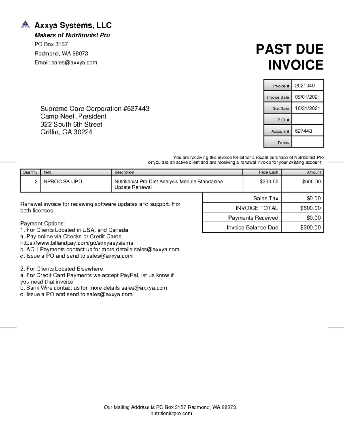 Invoice #2021040 - good - Axxya Systems, LLC Makers of Nutritionist Pro ...