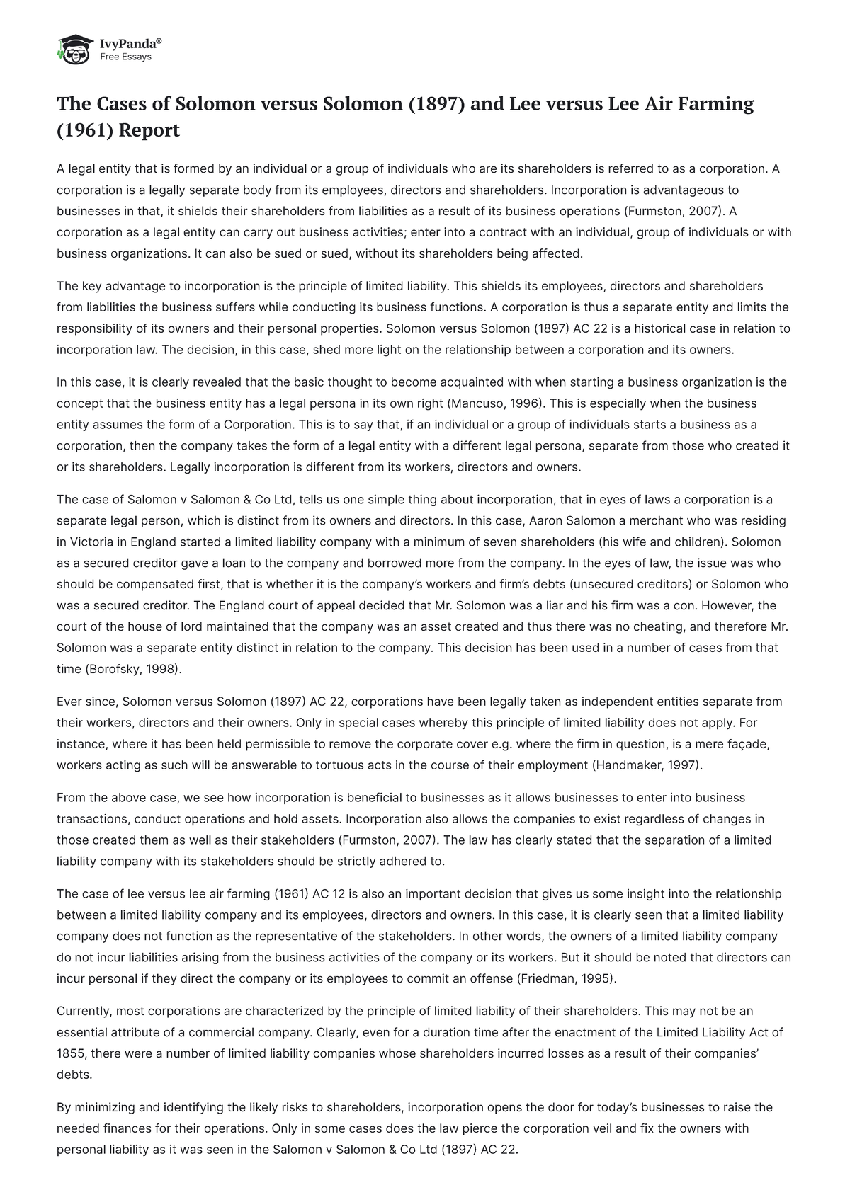 Solomon versus Solomon and Lee versus Lee Air Farming - 997 Words ...