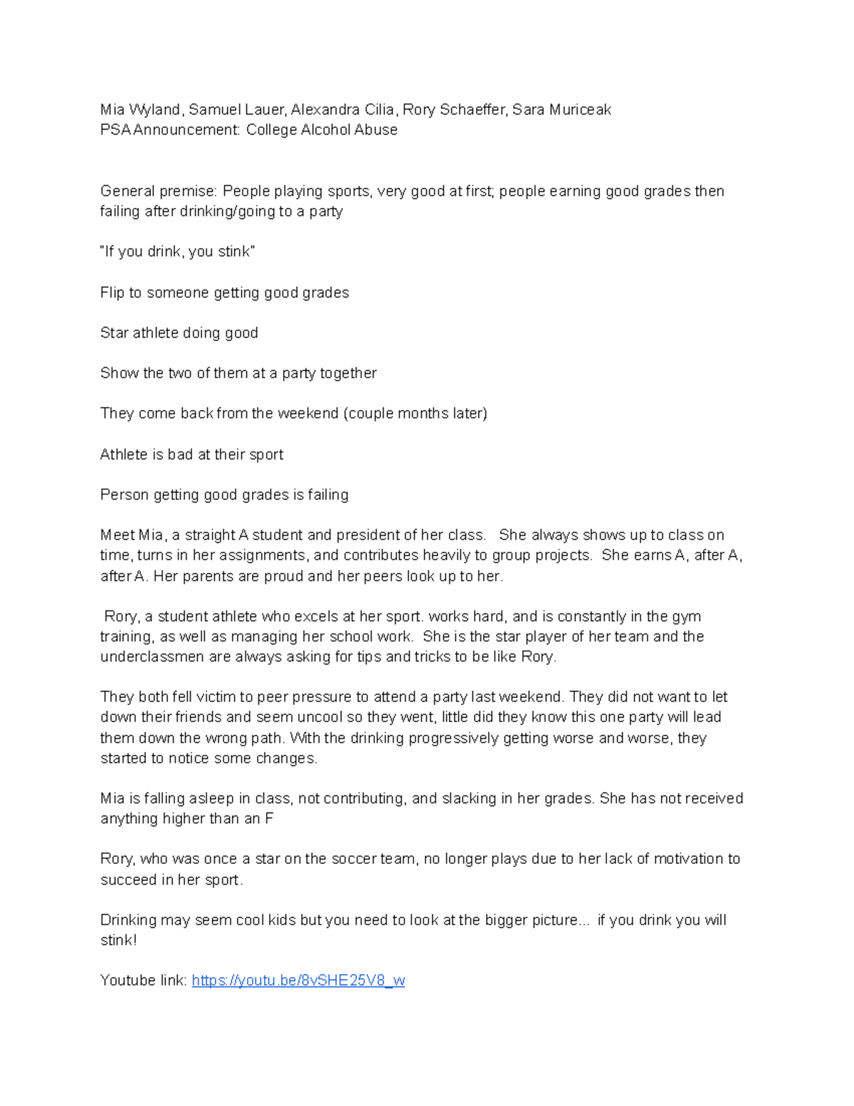 PSA script - Mia Wyland, Samuel Lauer, Alexandra Cilia, Rory Schaeffer ...