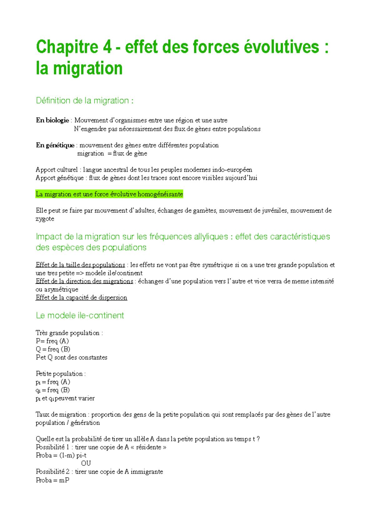 effet des forces évolutives - la migration - Chapitre 4 - effet des ...