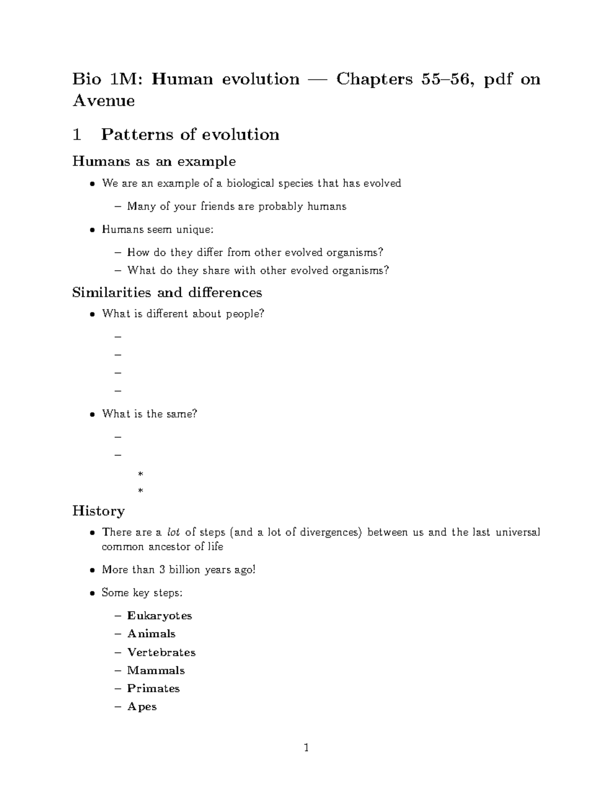 Humans - Bio 1M03 handout (Dushoff) - Bio 1M: Human evolution — Chapters 55–56, pdf on Avenue 1 ...