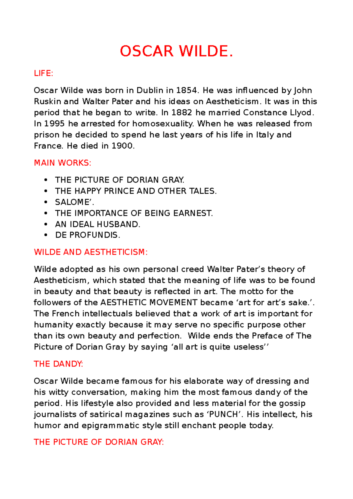 Oscar Wilde - OSCAR WILDE. LIFE: Oscar Wilde was born in Dublin in 1854 ...