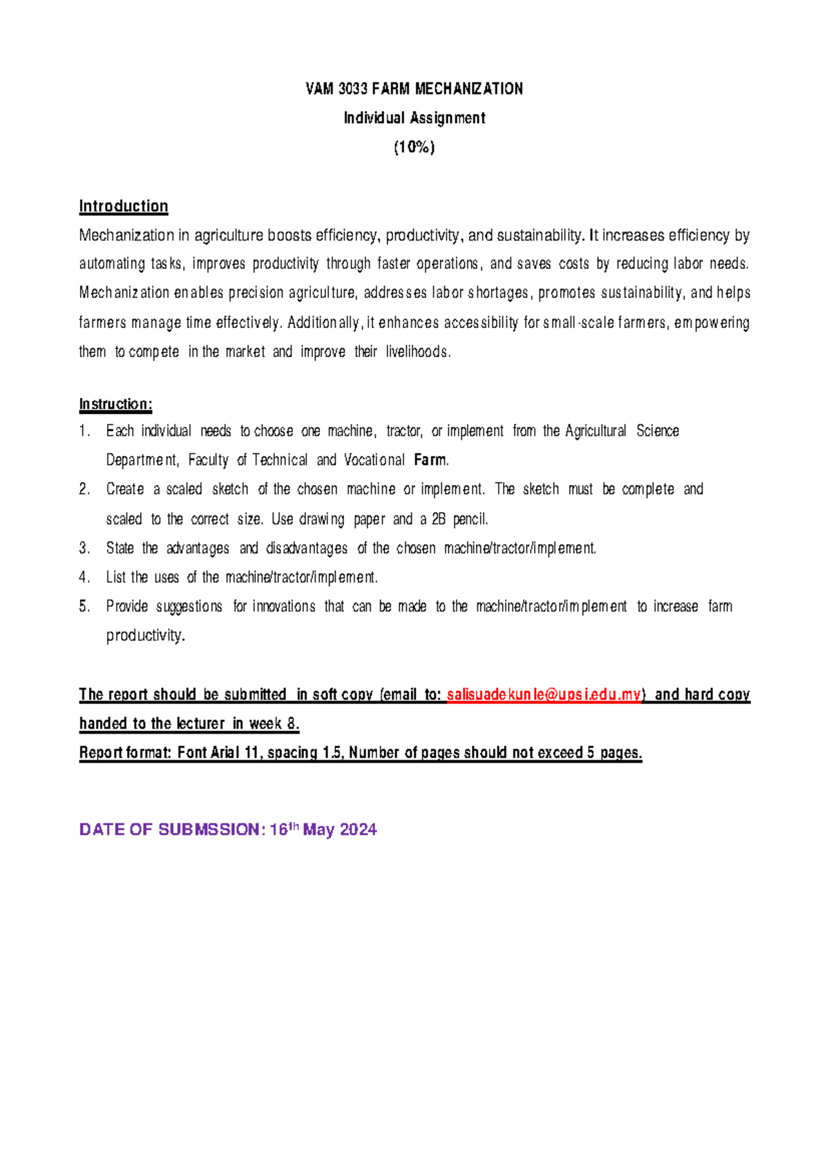 Individual Assignment B, C, D - VAM 3033 FARM MECHANIZATION Individual ...