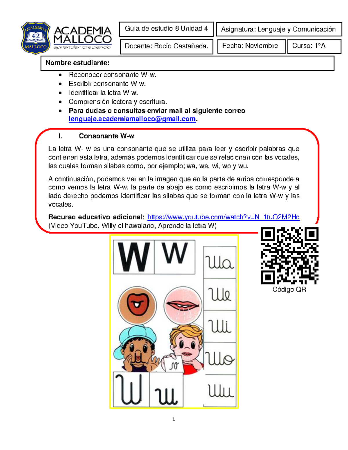 Guia 8 lenguaje 1 - Reconocer consonante W-w. Escribir consonante W-w ...