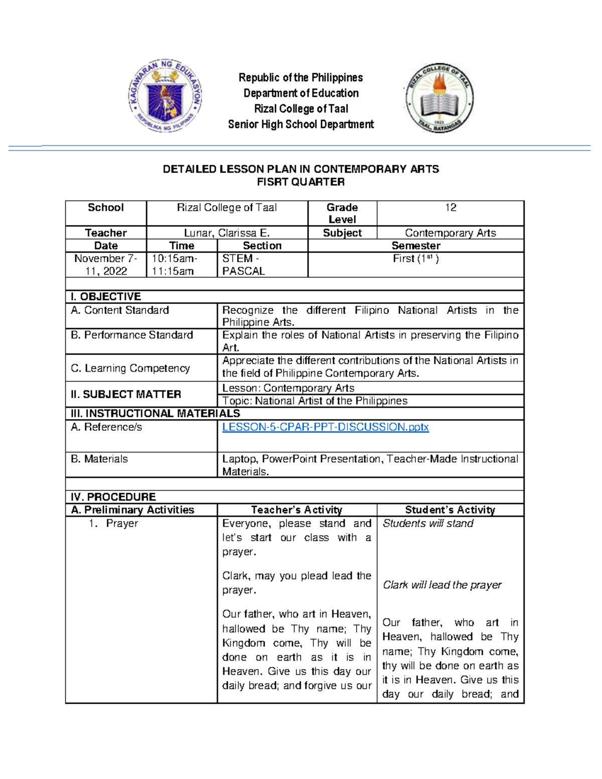 Detailed Lesson Plan Lunar Clarissa - Republic of the Philippines ...