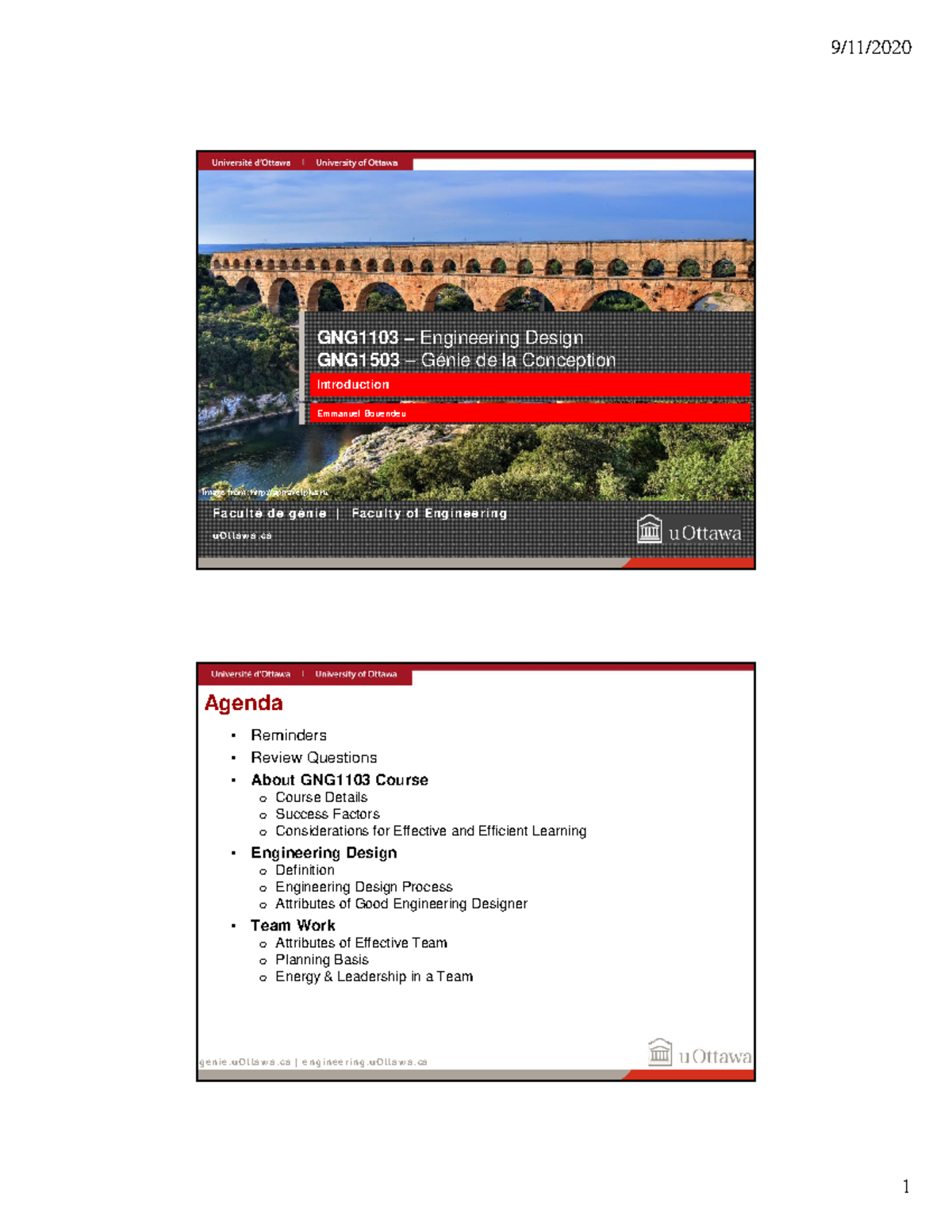 Lecture 1-Course Introduction GNG1103 G F20 - GNG1103 –Engineering Design GNG1503– Génie de la ...