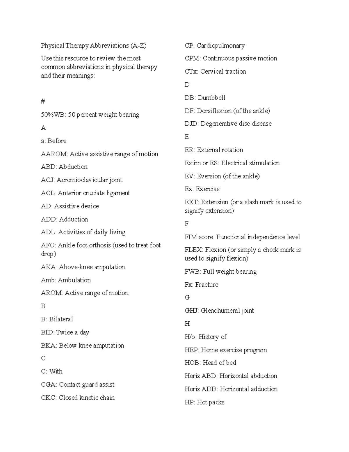 Physical Therapy Abbreviations - : Patient PTA: Physical therapy ...