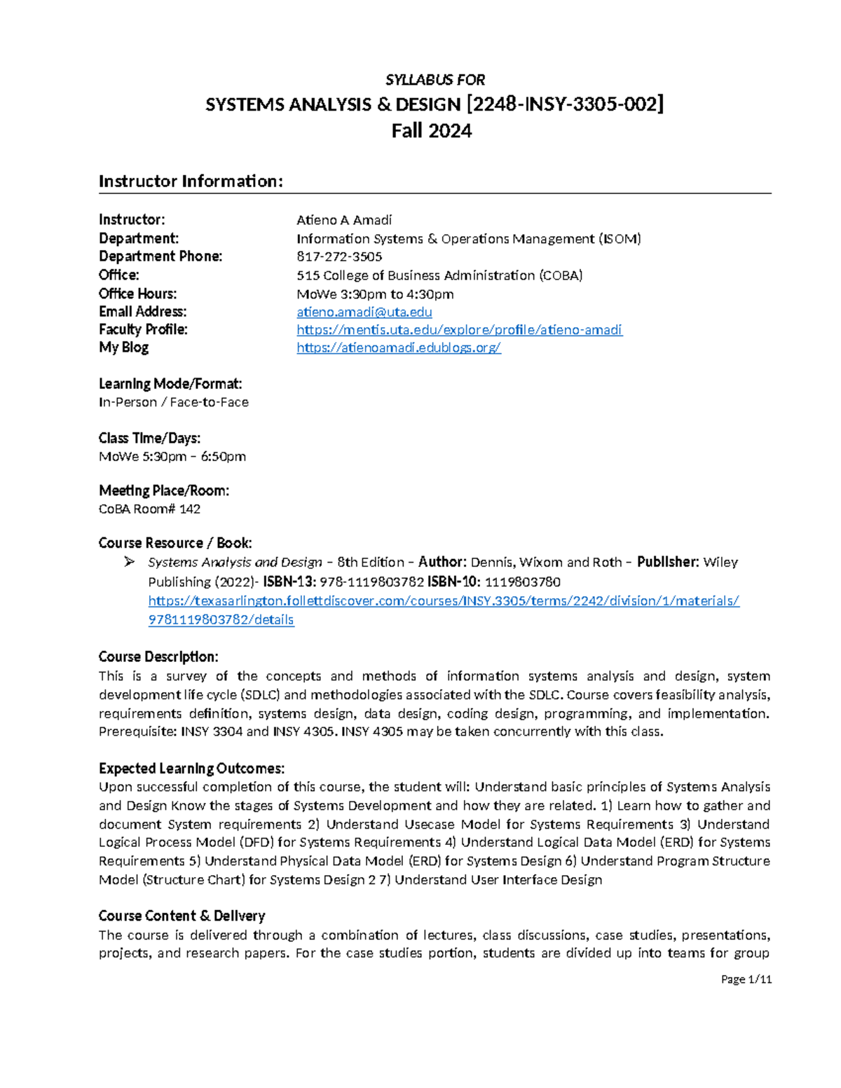 2024-FALL 2248-INSY-3305-002 (11) - SYLLABUS FOR SYSTEMS ANALYSIS & DESIGN [2248-INSY-3305-002 ...