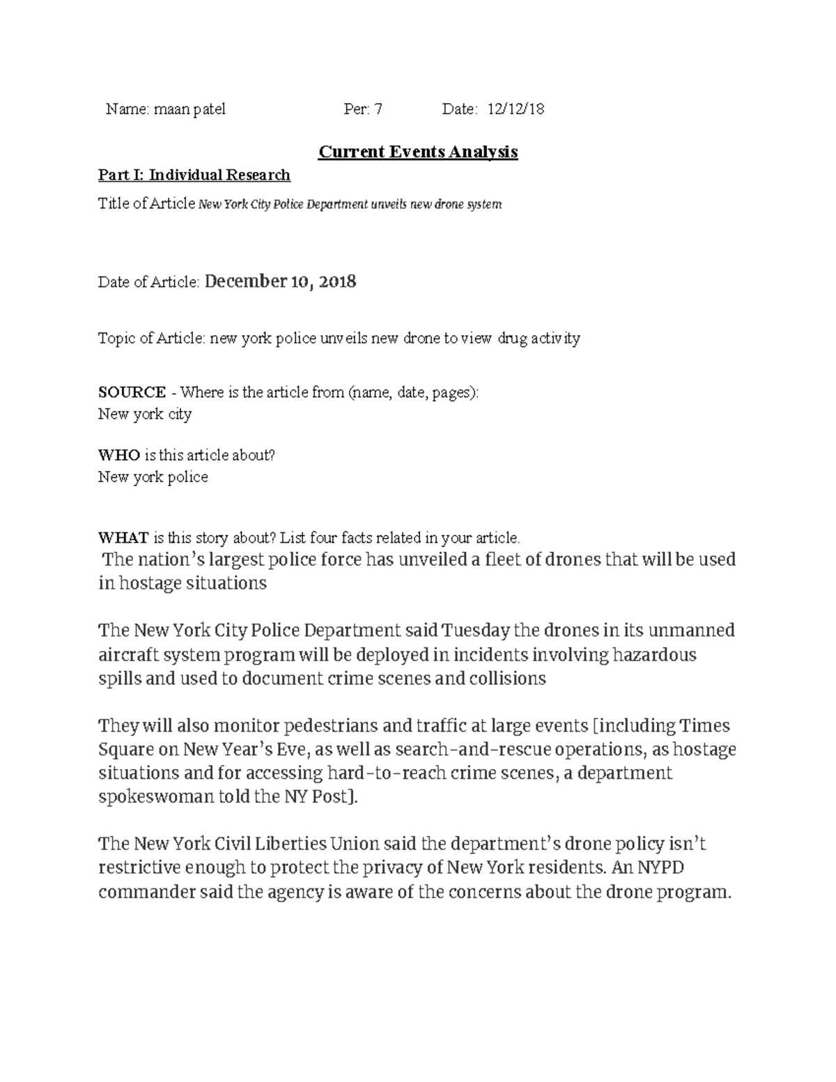 Current event HWC - Name: maan patel Per: 7 Date: 12/12/ Current Events ...