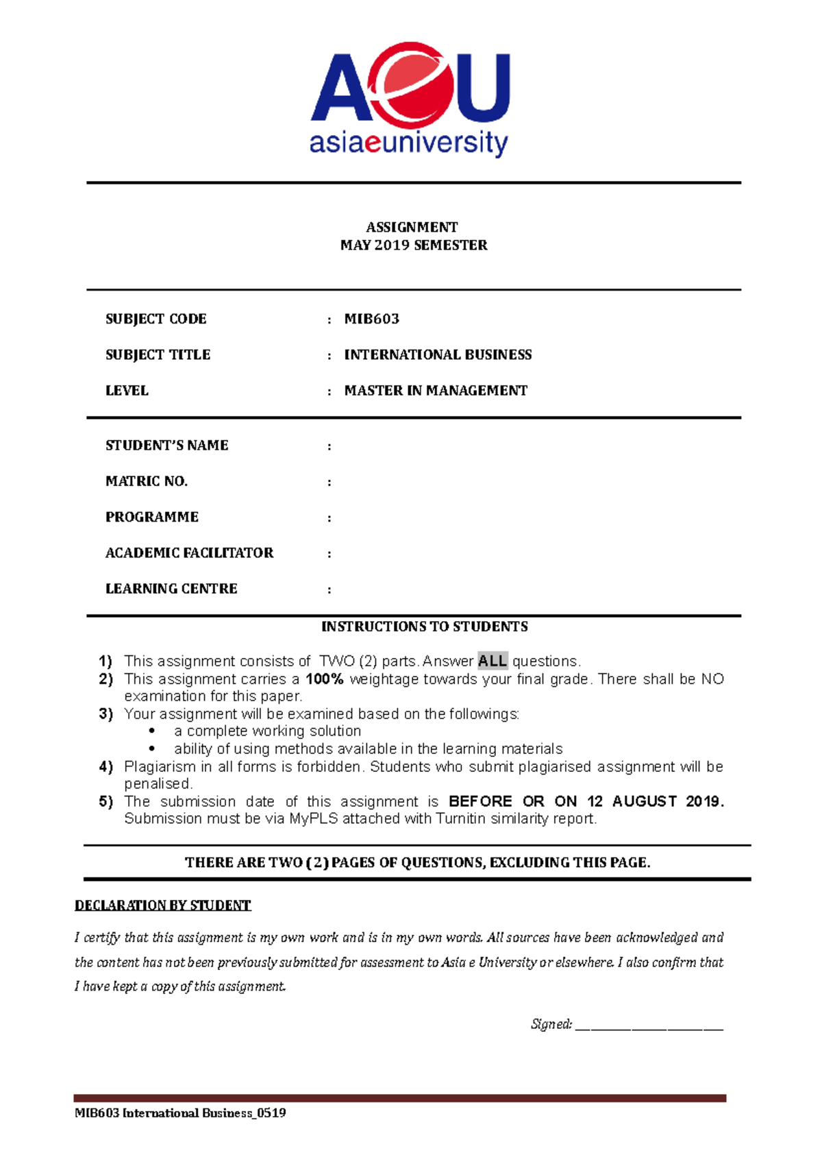 MIB603 FOR MIM Programme 0519 - ASSIGNMENT MAY 2019 SEMESTER SUBJECT ...