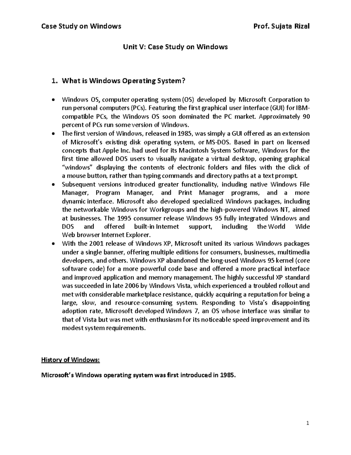Windows os case study - Unit V: Case Study on Windows 1. What is ...