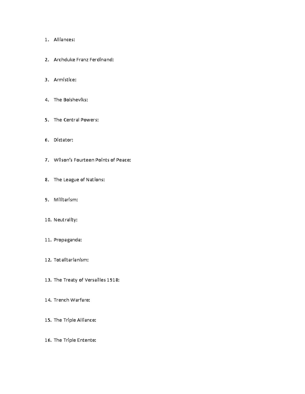 Imperialism vocabulary - Alliances: Archduke Franz Ferdinand: Armistice ...
