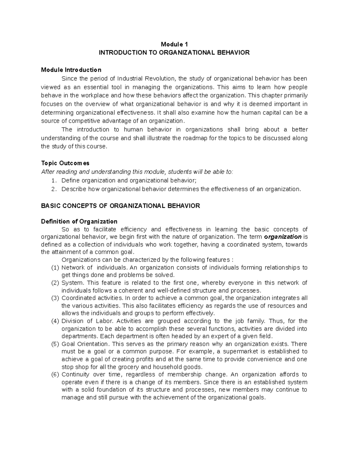 Module 1 - Introduction to organizational behavior, basic concepts of ...
