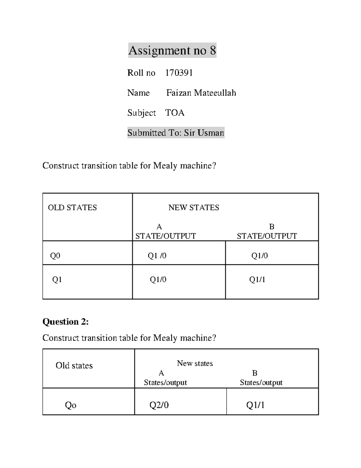 Faizan - automata - Warning: TT: undefined function: 32 Assignment no 8 Roll no 170391 Name ...