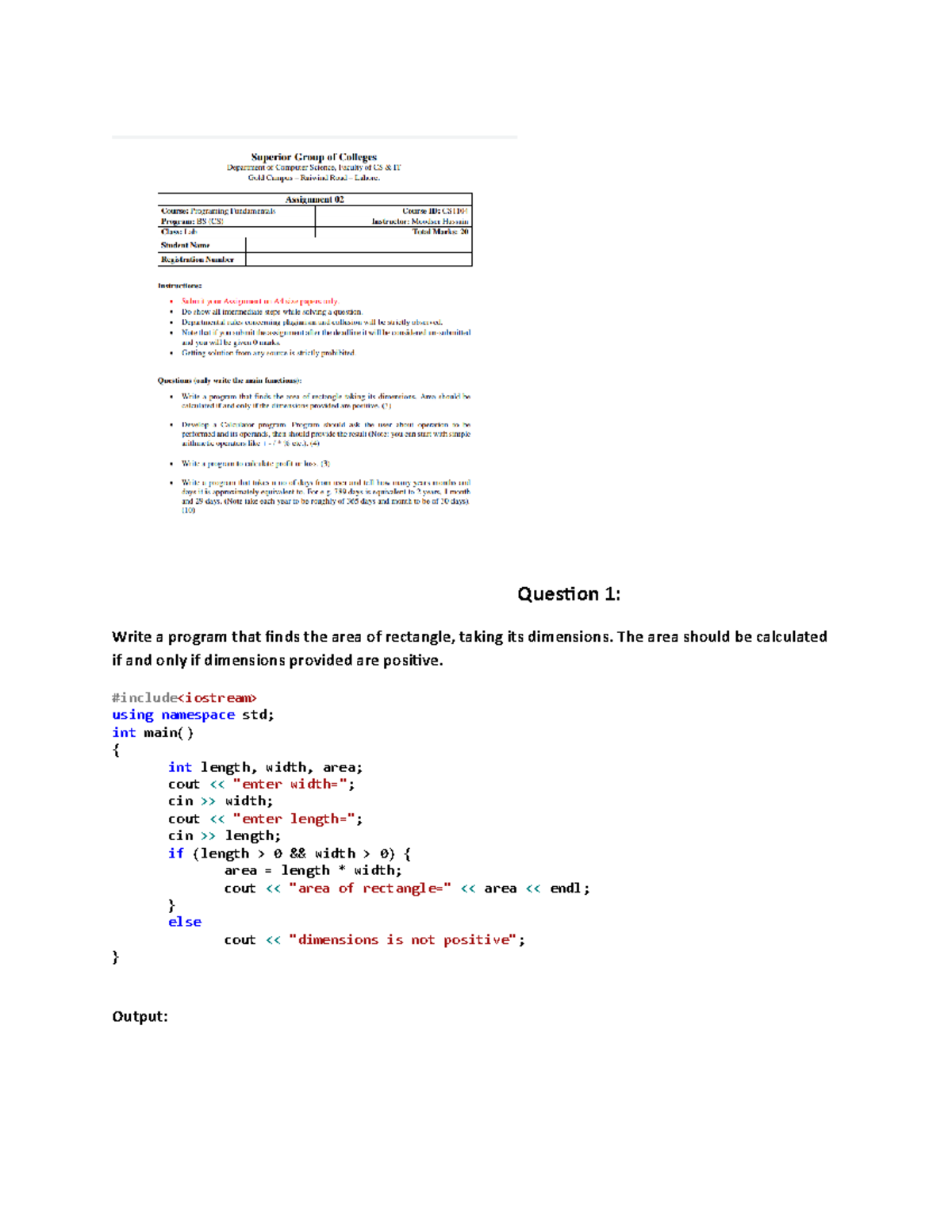 Assignment 2(PF) - Write a program that finds the area of rectangle, taking its dimensions. The ...