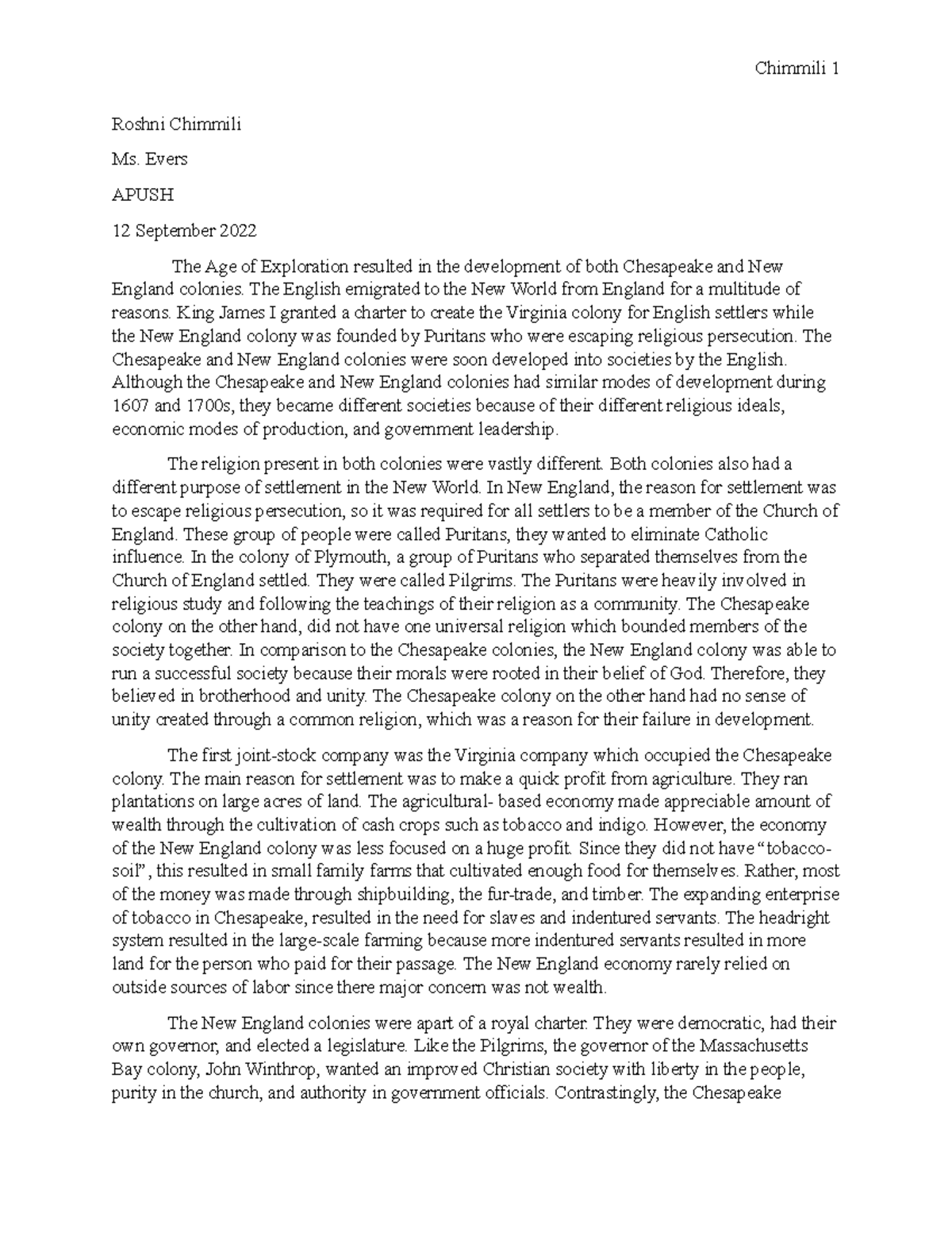 Leq new england v chesapeake - Chimmili 1 Roshni Chimmili Ms. Evers ...