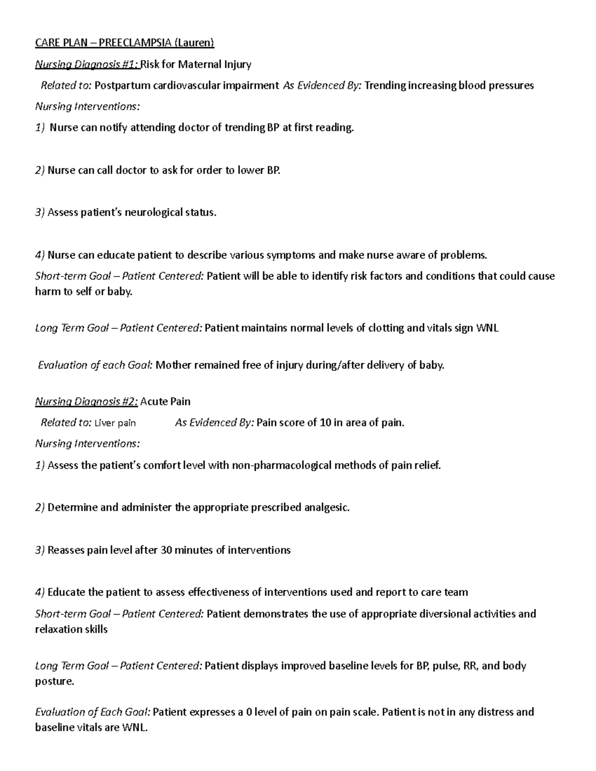 CARE PLAN - Lauren and Baby - CARE PLAN – PREECLAMPSIA (Lauren) Nursing ...