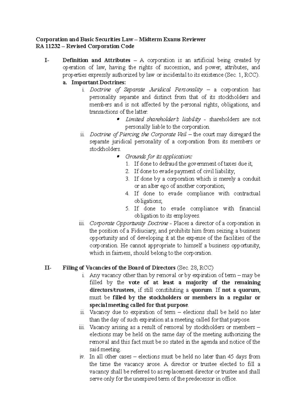 Corporation and Basic Securities Law reviewer - Corporation and Basic ...