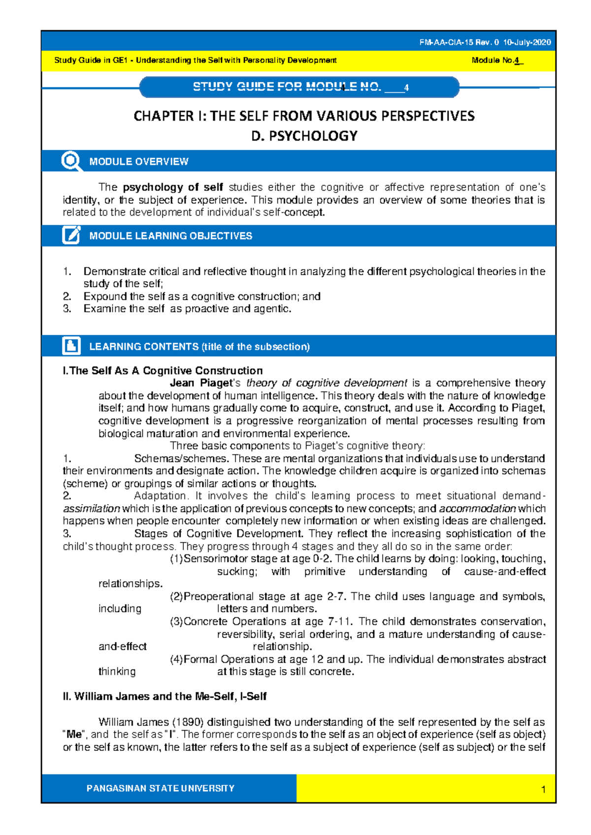 GE1 Module 4 Psychology - Study Guide in GE1 - Understanding the Self with Personality ...