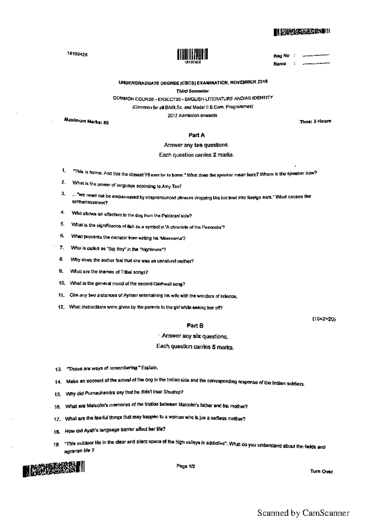 Question paper bcom 3 sem english literature and as identity 18103428 nov 2018 - B.com computer ...