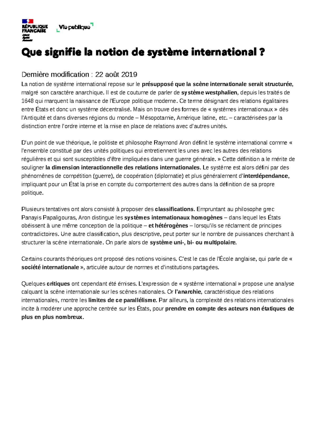 Système international, du modèle westphalien à nos jours Vie publique ...