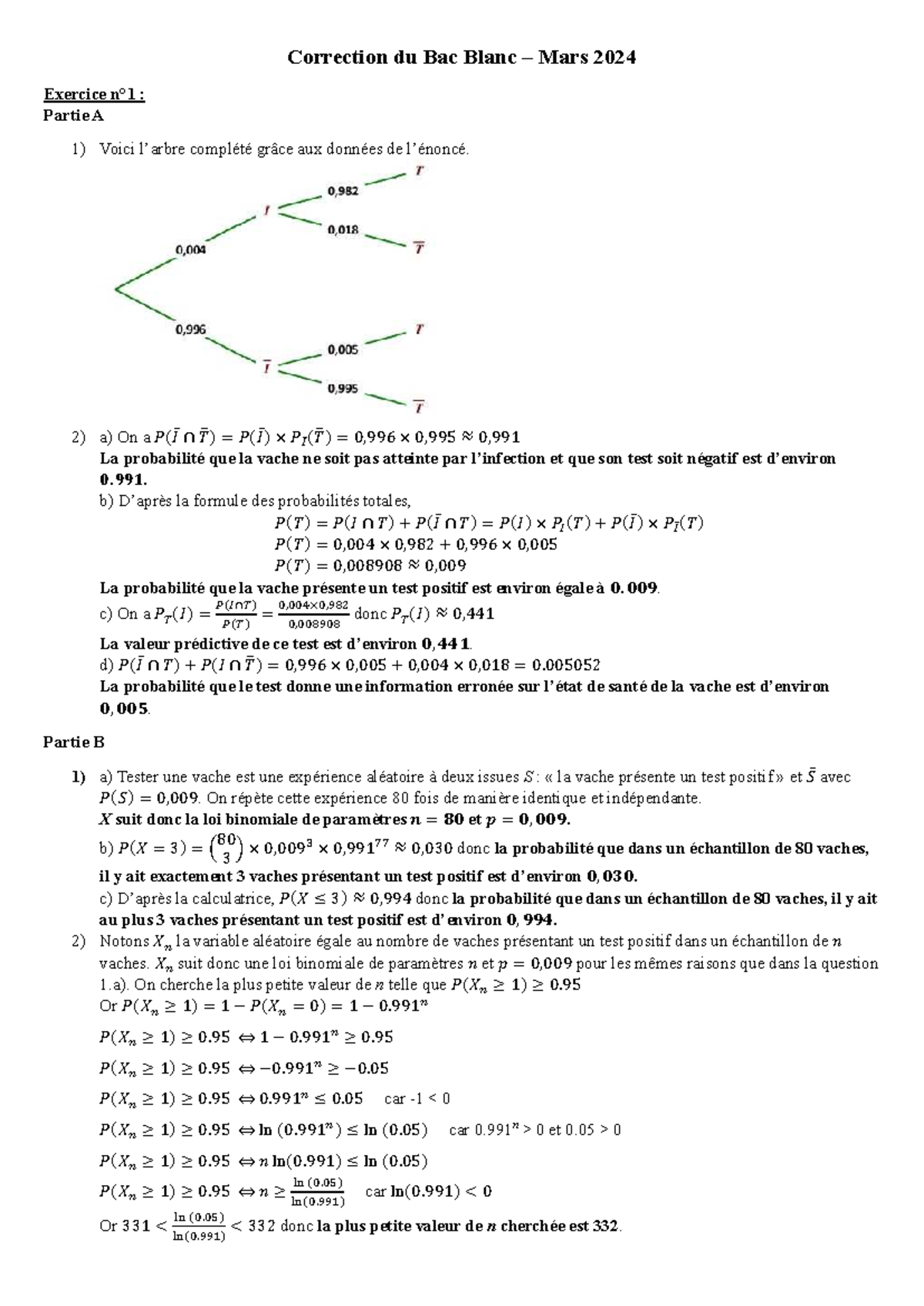 Bac blanc correction - Correction du Bac Blanc – Mars 2024 Exercice n°1 : Partie A Voici l’arbre ...