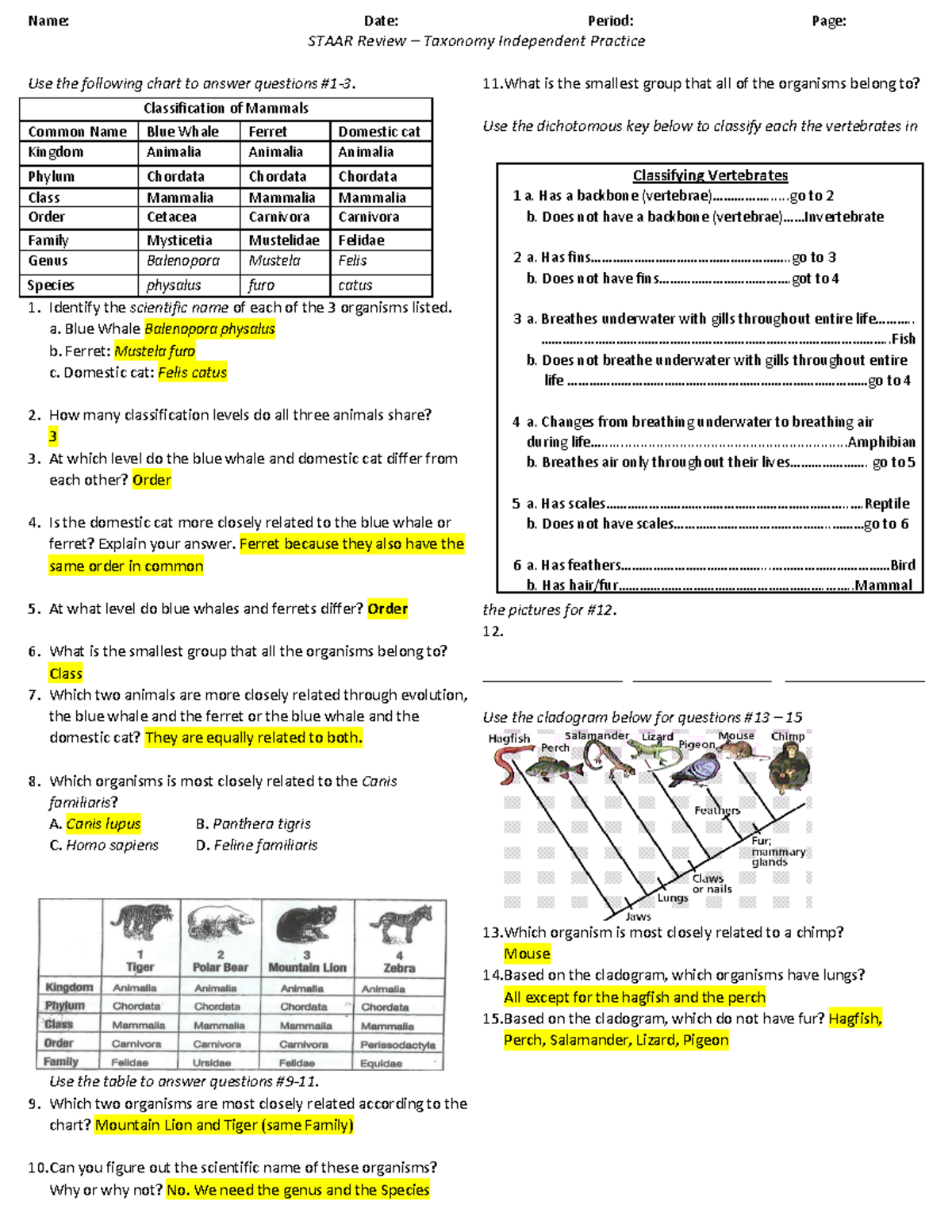 Systematic of organism - Name: Date: Period: Page: STAAR Review ...