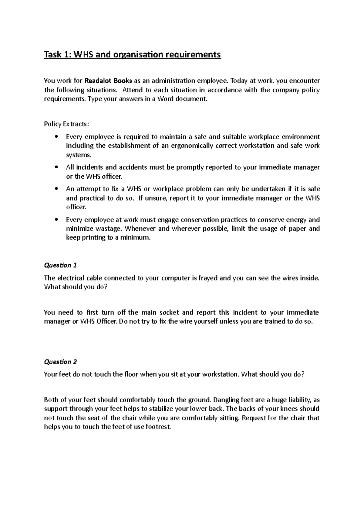 Assesment 1-All Tasks - Task 1: WHS and organisation requirements You ...